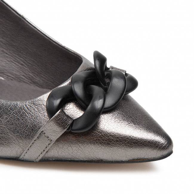 Caprice Leather Pewter Pointed Toe Block Heel Court Shoe With Chain ...