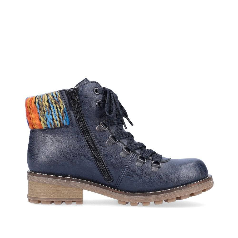 Rieker Blue Water Repellent Lace Up Boot With Multi Coloured Trim
