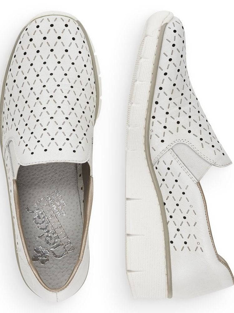 Rieker White Leather Punch Out Slip On Shoe | Boutique on the Green