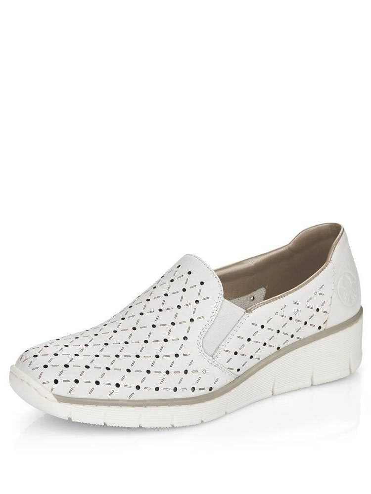 Rieker White Leather Punch Out Slip On Shoe | Boutique on the Green